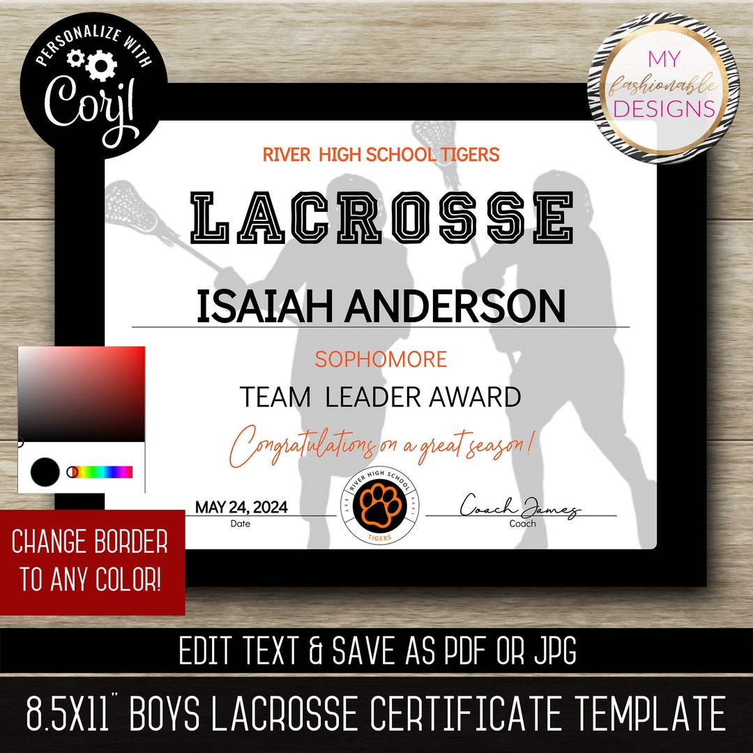 Male Lacrosse Certificate Template - Boys Lacrosse - 8.5x11" - Save as ...