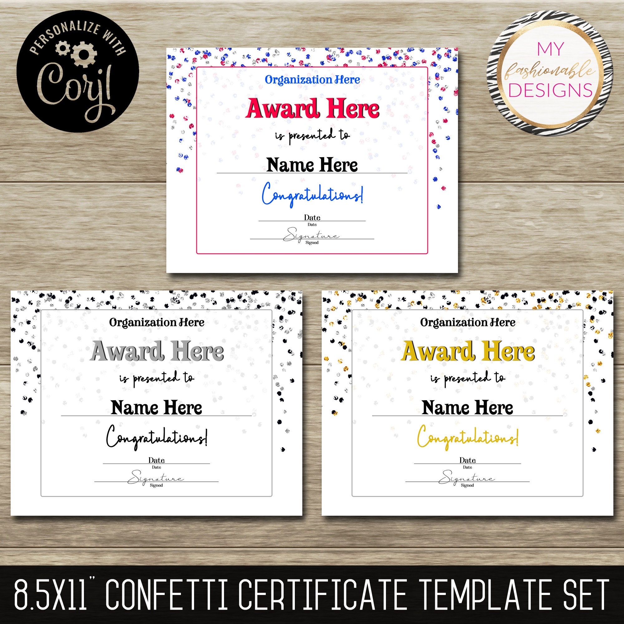 Confetti Certificate Template Set - 6 Design Templates! 8.5x11" - Save ...