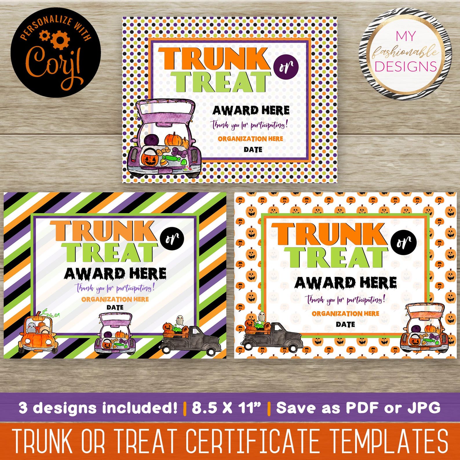 Trunk or Treat Certificate Template Set - 3 Designs - 8.5x11" - Save as ...