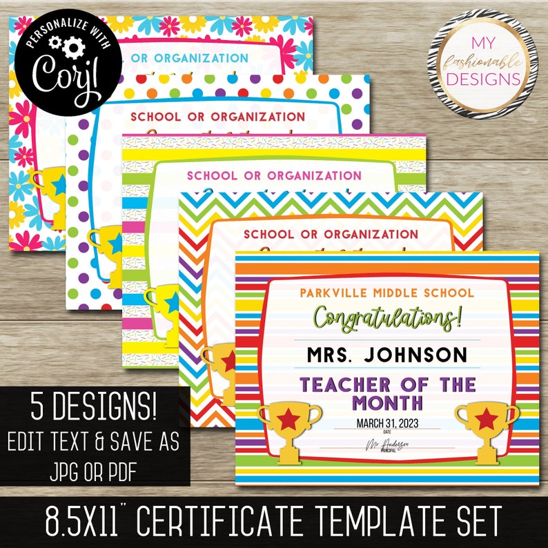 School Certificate Template Set 5 Templates 8.5x11 Colorful ...