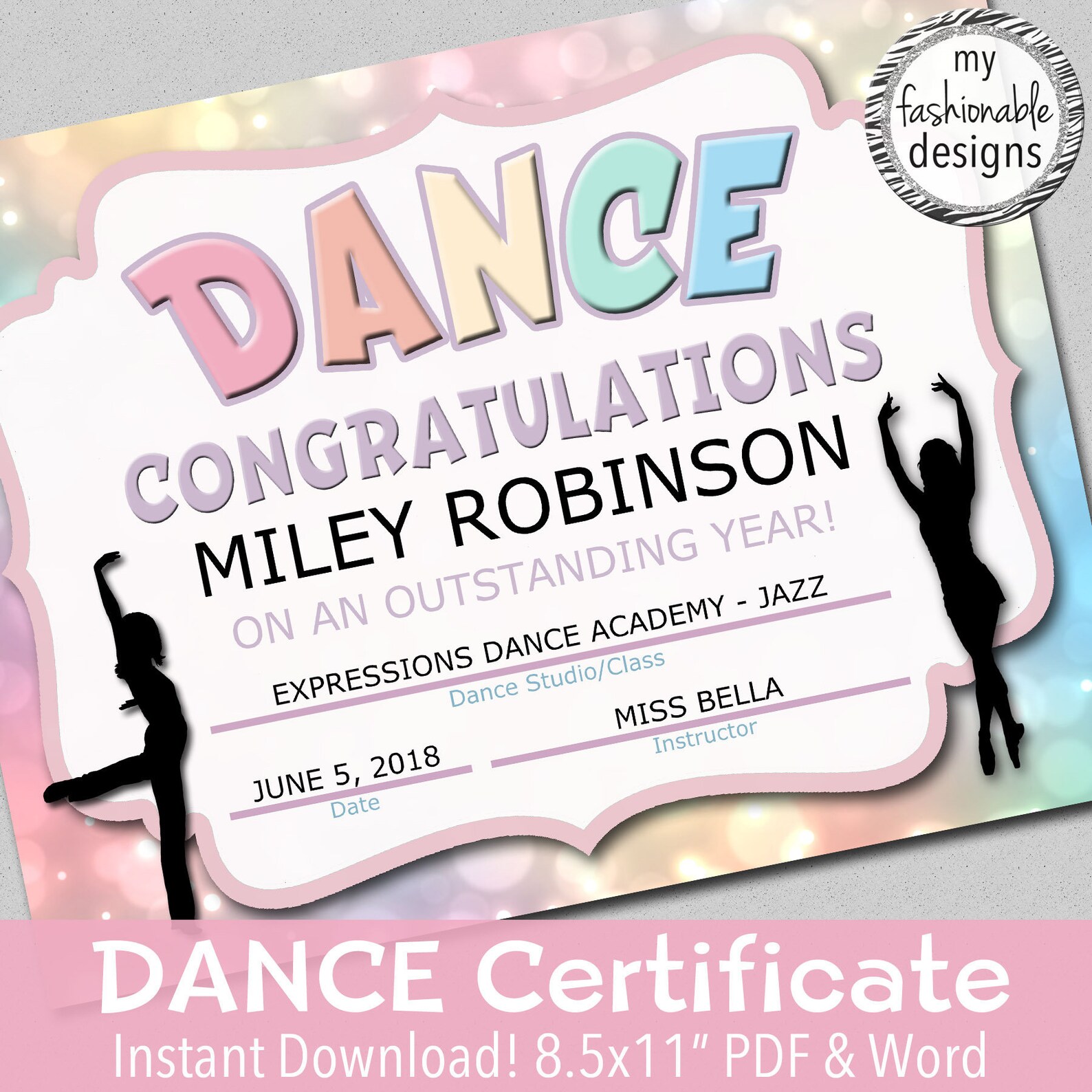 Dance Certificate Instant Download 8.5x11 Word & - Etsy
