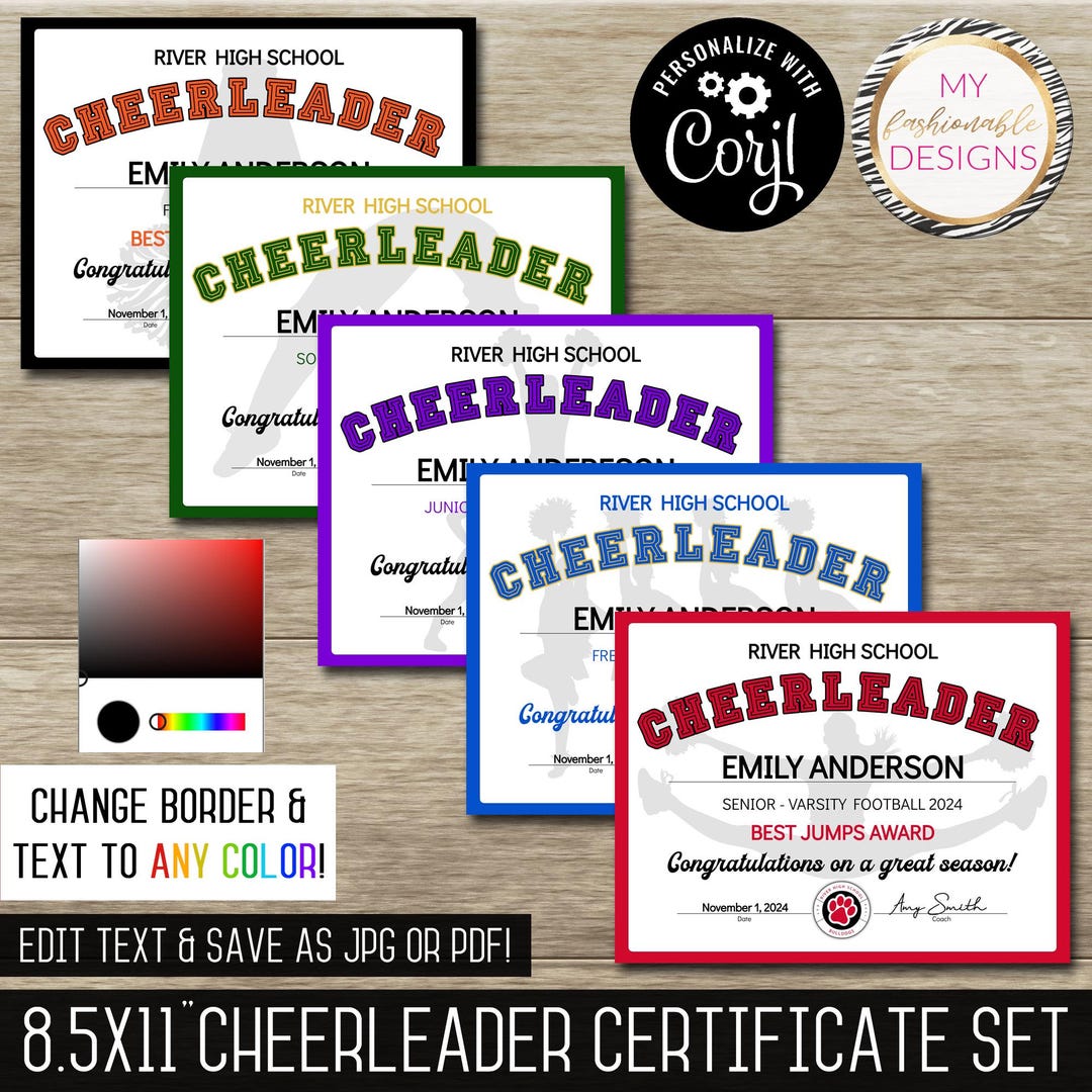 Cheerleader Certificate Template 8.5x11" - 5 Awards! Change Text ...