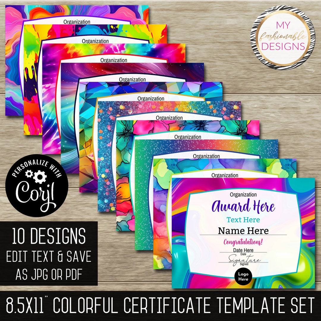 Colorful Certificate Template Set 10 Design Templates 8.5x11 Save as ...
