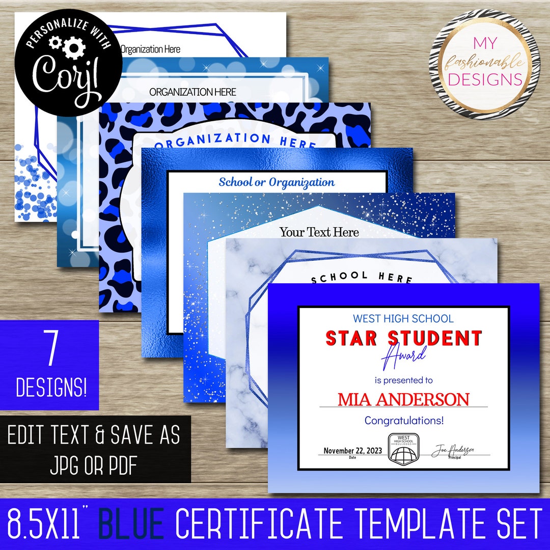 Blue Certificate Template Set - 7 Design Templates! 8.5x11" - Save as ...