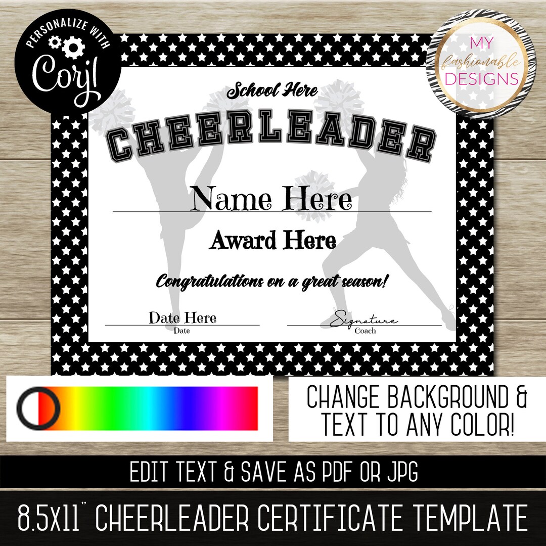 Cheerleader Certificate Template 8.5x11" - Change Background to Any ...