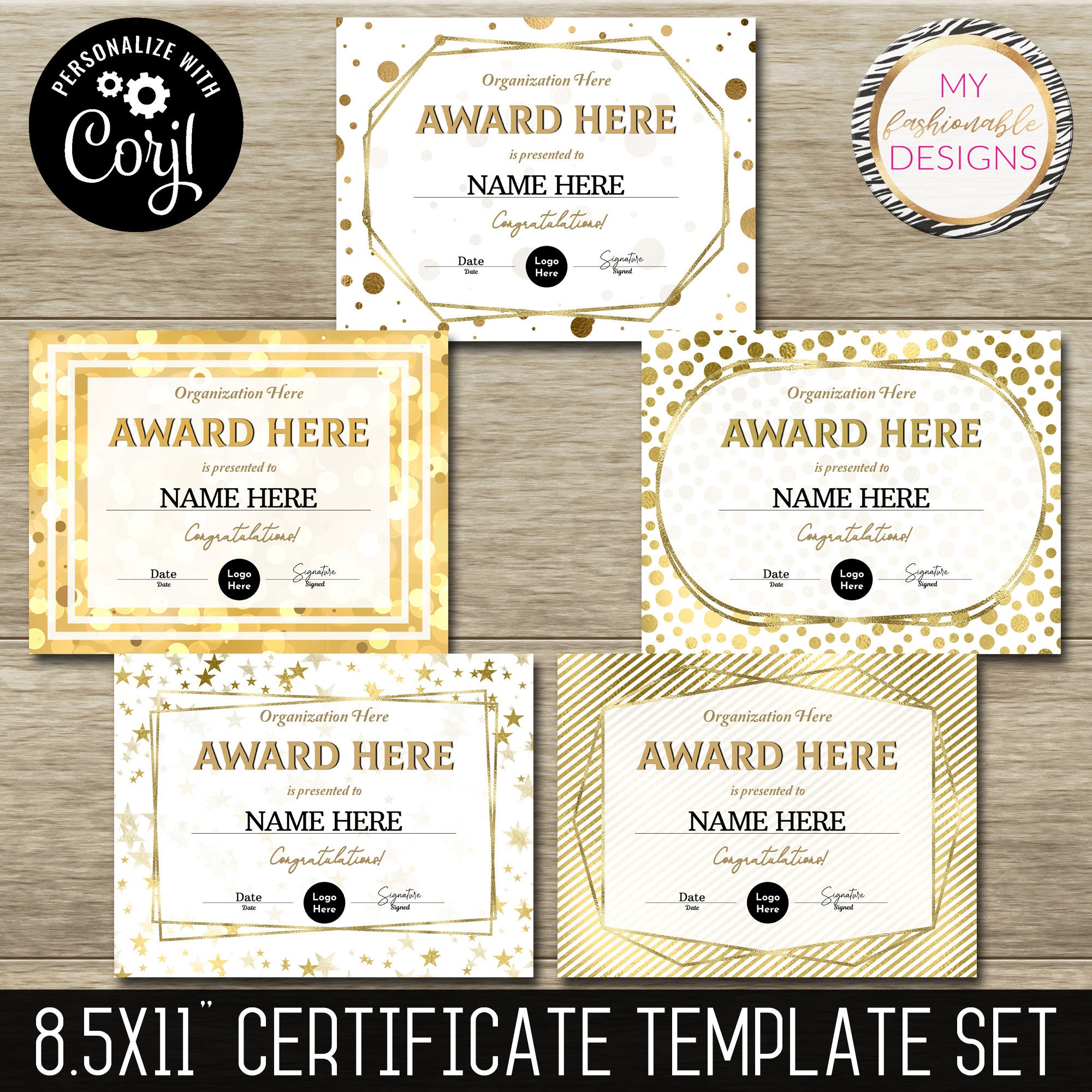 Certificate Template Set - White & Gold - 5 Design Templates! 8.5x11 ...