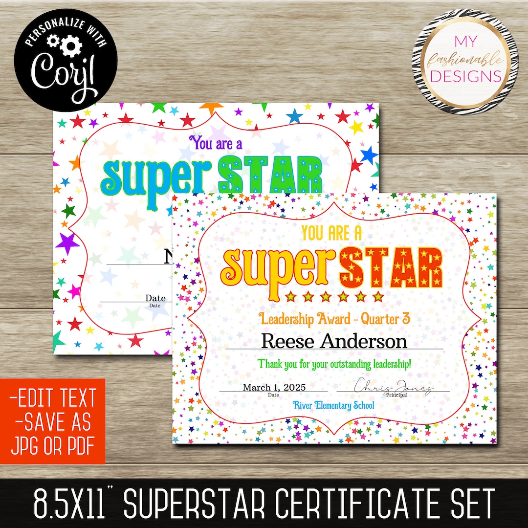 Superstar Certificate Template Set - 2 Designs - 8.5x11" - Save as PDF ...