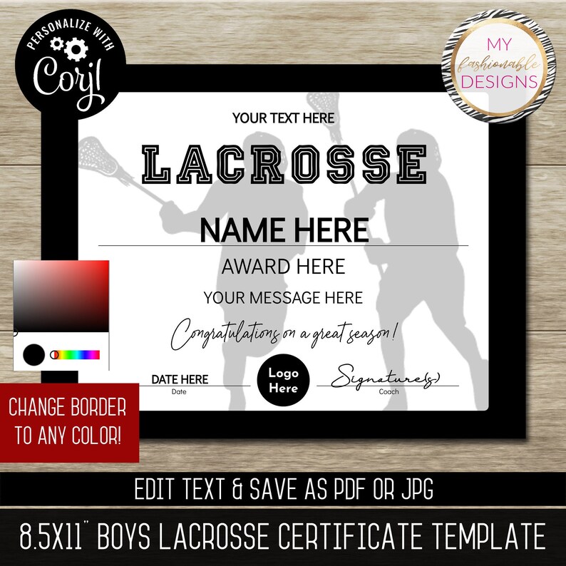 Male Lacrosse Certificate Template - Boys Lacrosse - 8.5x11" - Save as ...