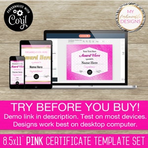 Pink Certificate Template Set - 10 Design Templates! 8.5x11" - Save as ...