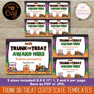 Trunk or Treat Certificate Template Set 3 Sizes 8.5x11: 1, 2 and 4 per ...