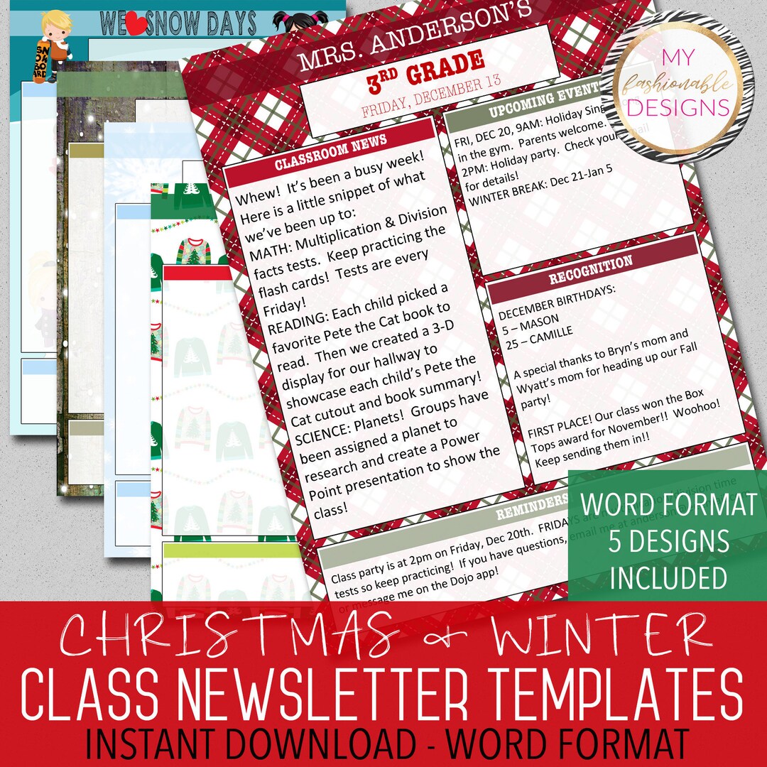 Christmas & Winter Newsletter Templates, 5 Designs Included, Teacher ...