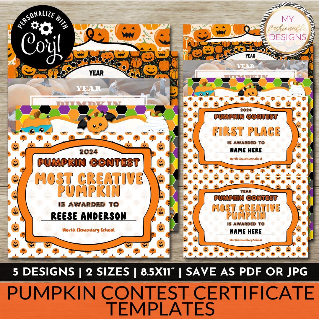 Pumpkin Contest Certificate Template Set 5 Designs 2 Sizes: 8.5x11 and ...