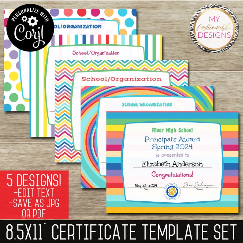 Colorful Certificate Template Set 5 Design Templates 8.5x11 Save as JPG ...