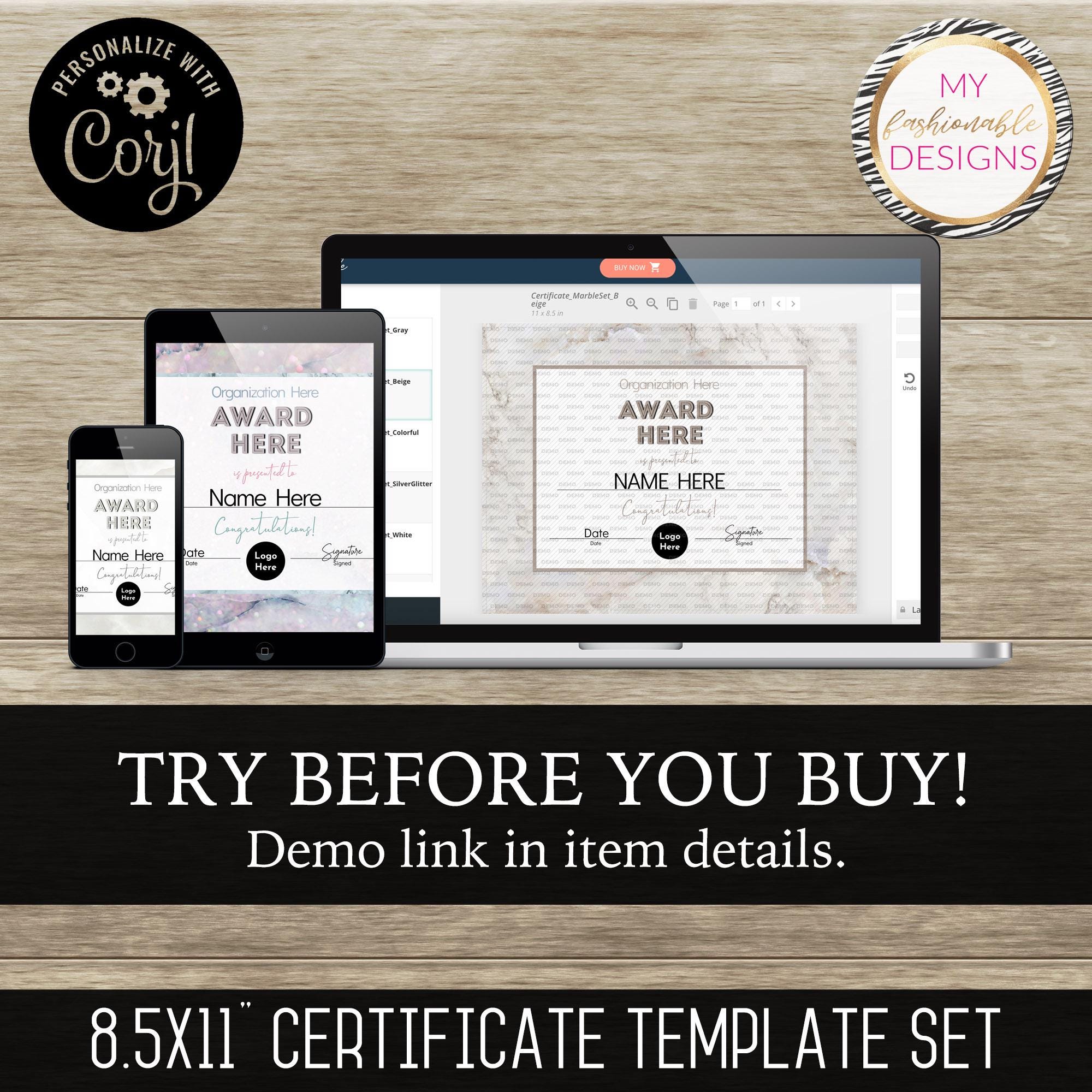 Certificate Template Set - 5 Design Templates! 8.5x11" - Save as JPG or ...