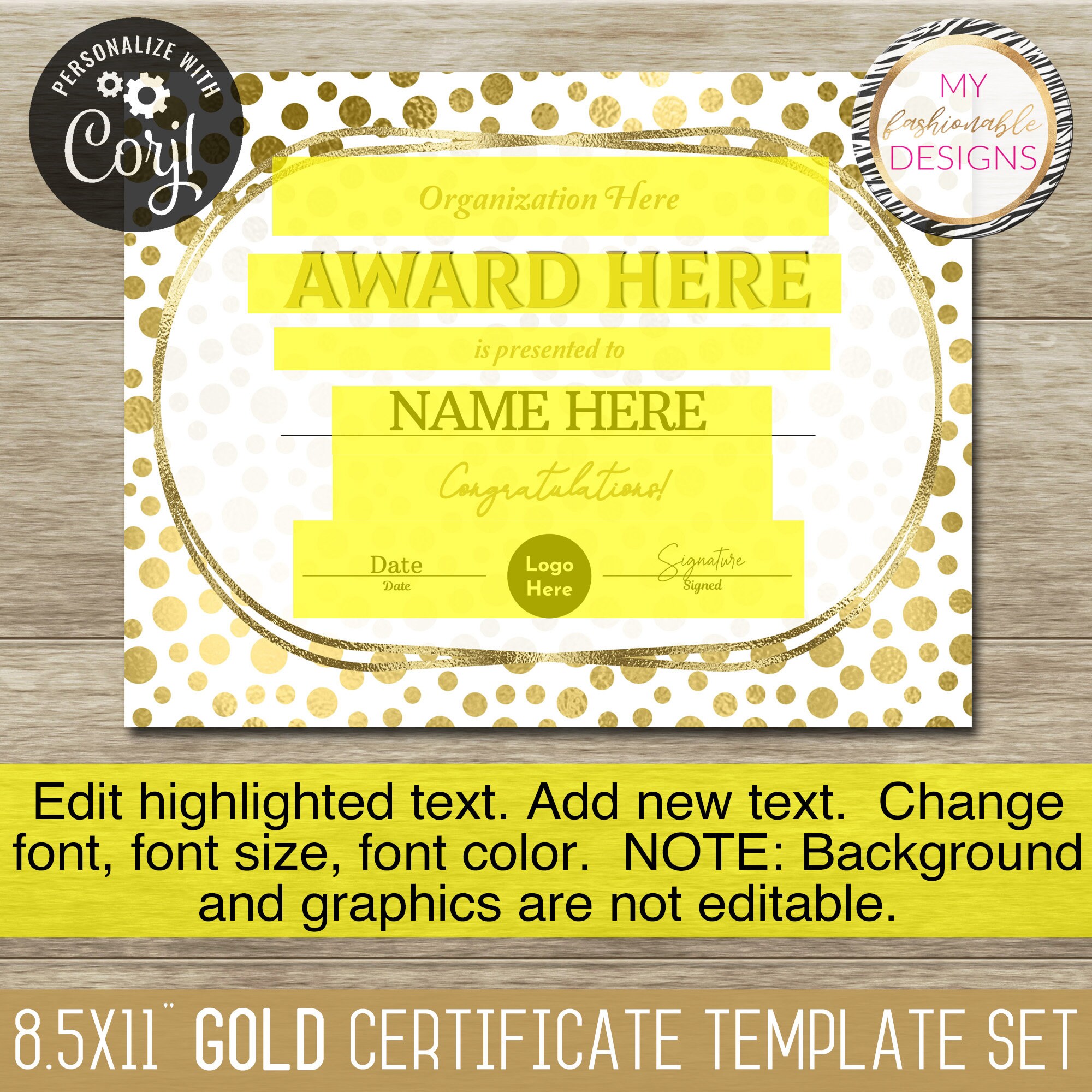 Gold Certificate Template Set - 12 Design Templates! 8.5x11" - Save as ...