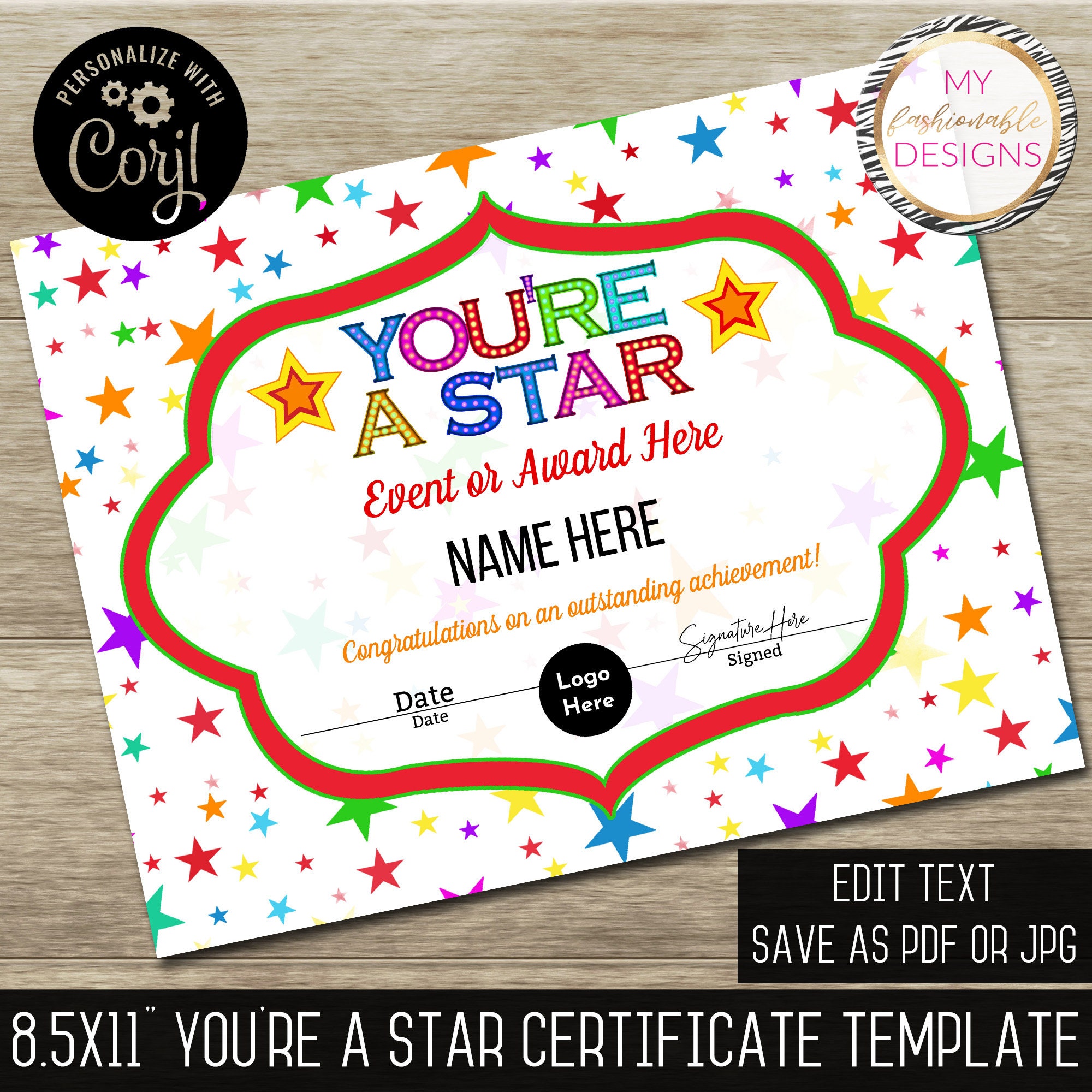 You're a Star Certificate Template Multicolor 8.5x11 Save as PDF or JPG Corjl Self-edit Template ...
