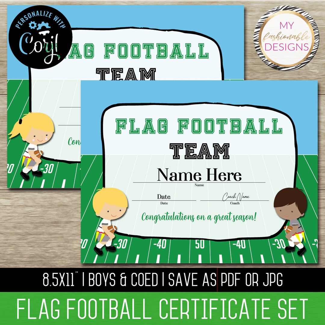 Boys and Boy-girl Flag Football Certificate Template Set 8.5x11 Save as ...