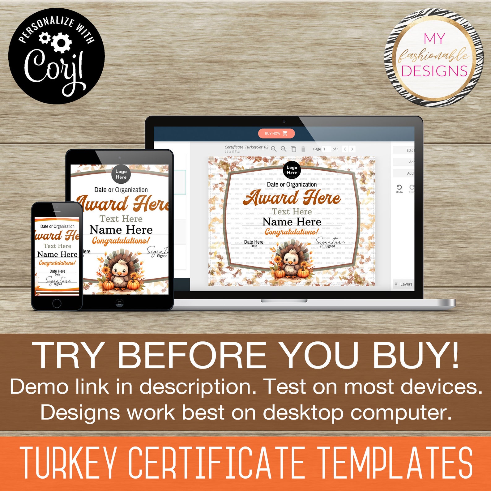 Turkey Certificate Template Set - 5 Design Templates! 8.5x11" - Save as ...