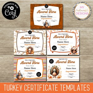 Turkey Certificate Template Set - 5 Design Templates! 8.5x11" - Save as ...