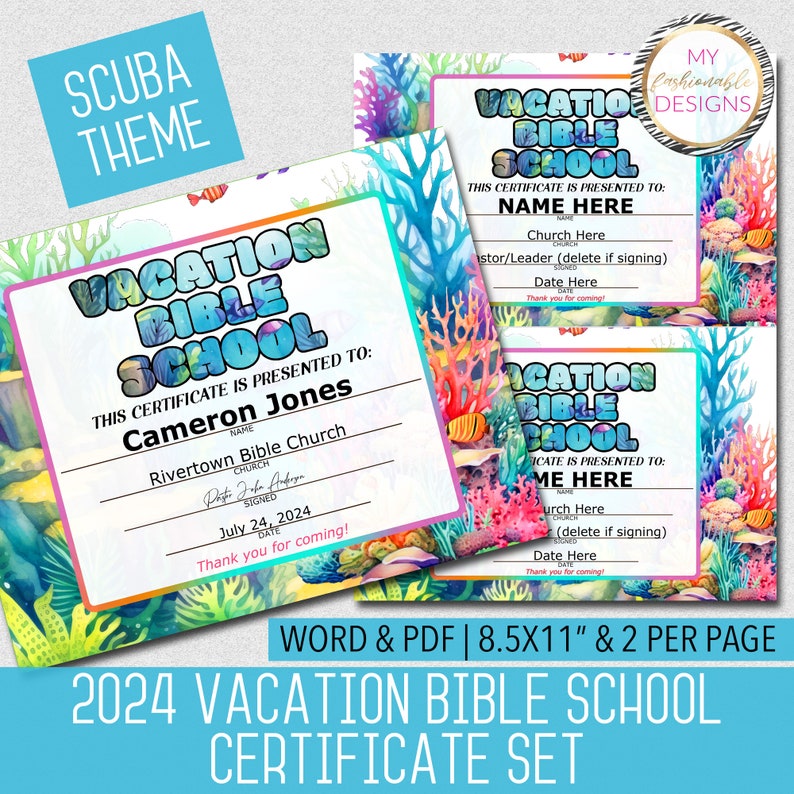 2024 VBS Certificate, Scuba Theme, Vacation Bible School, Instant ...