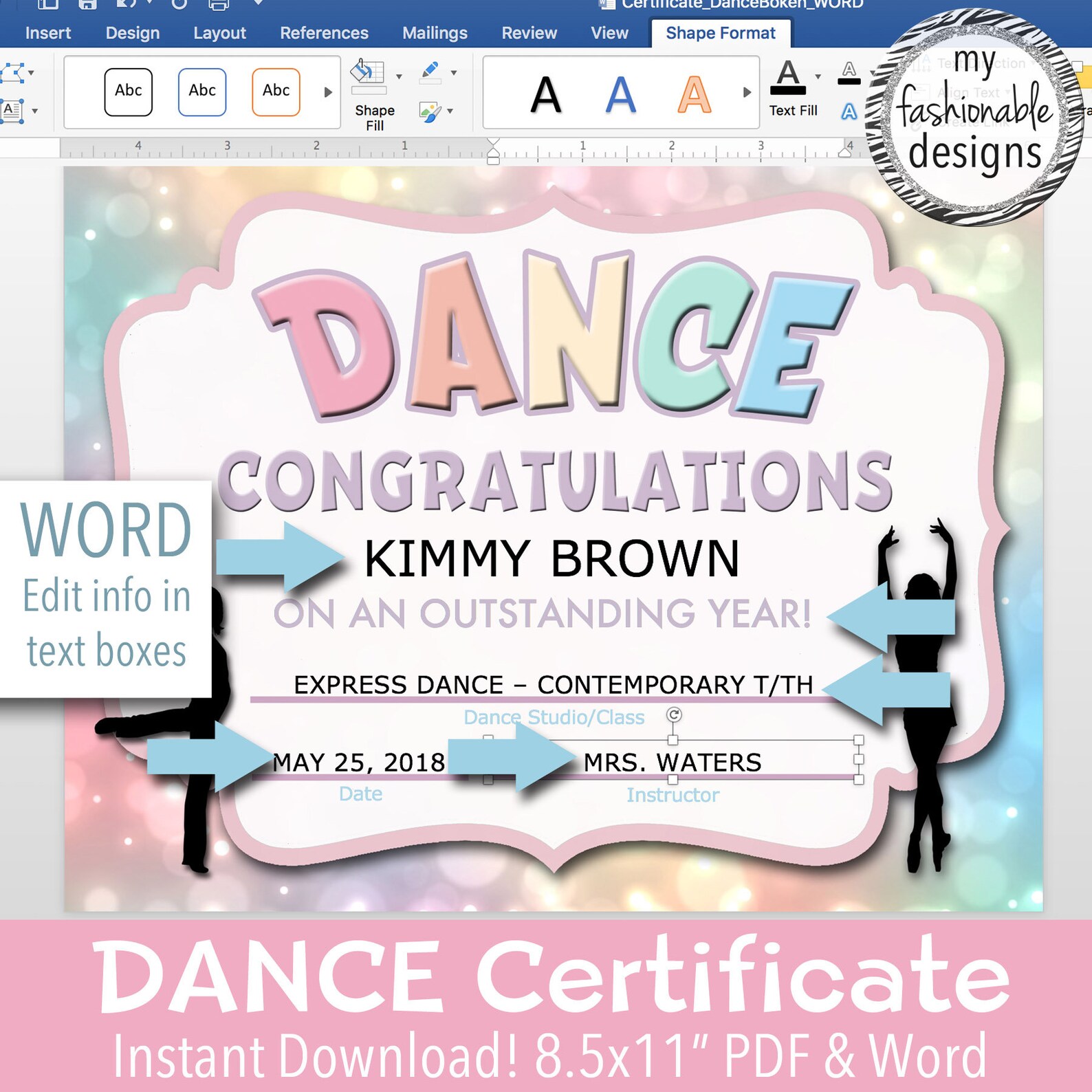 Dance Certificate Instant Download 8.5x11 Word & - Etsy