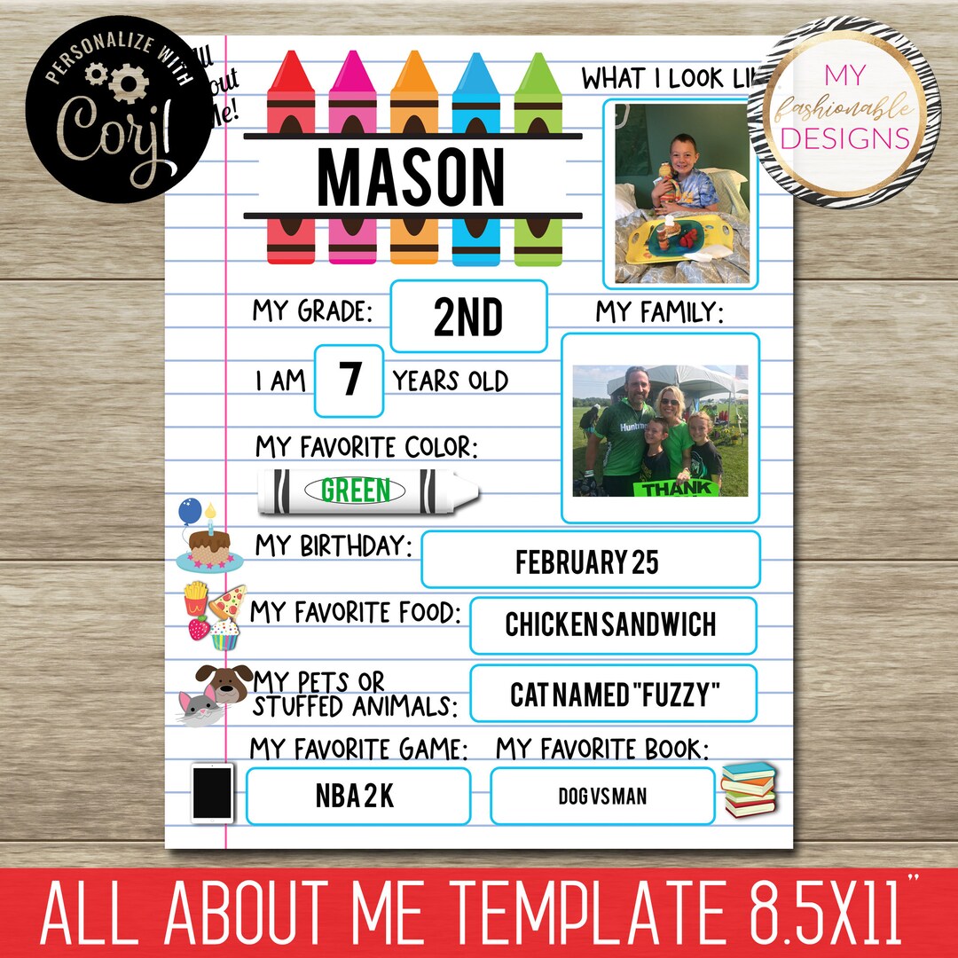 All About Me Template - 8.5x11" - Save as JPG or PDF - Corjl Self-edit ...