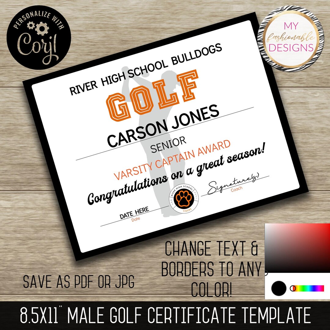 Male Golf Certificate Template - Golf Award - 8.5x11" - Save as PDF or ...