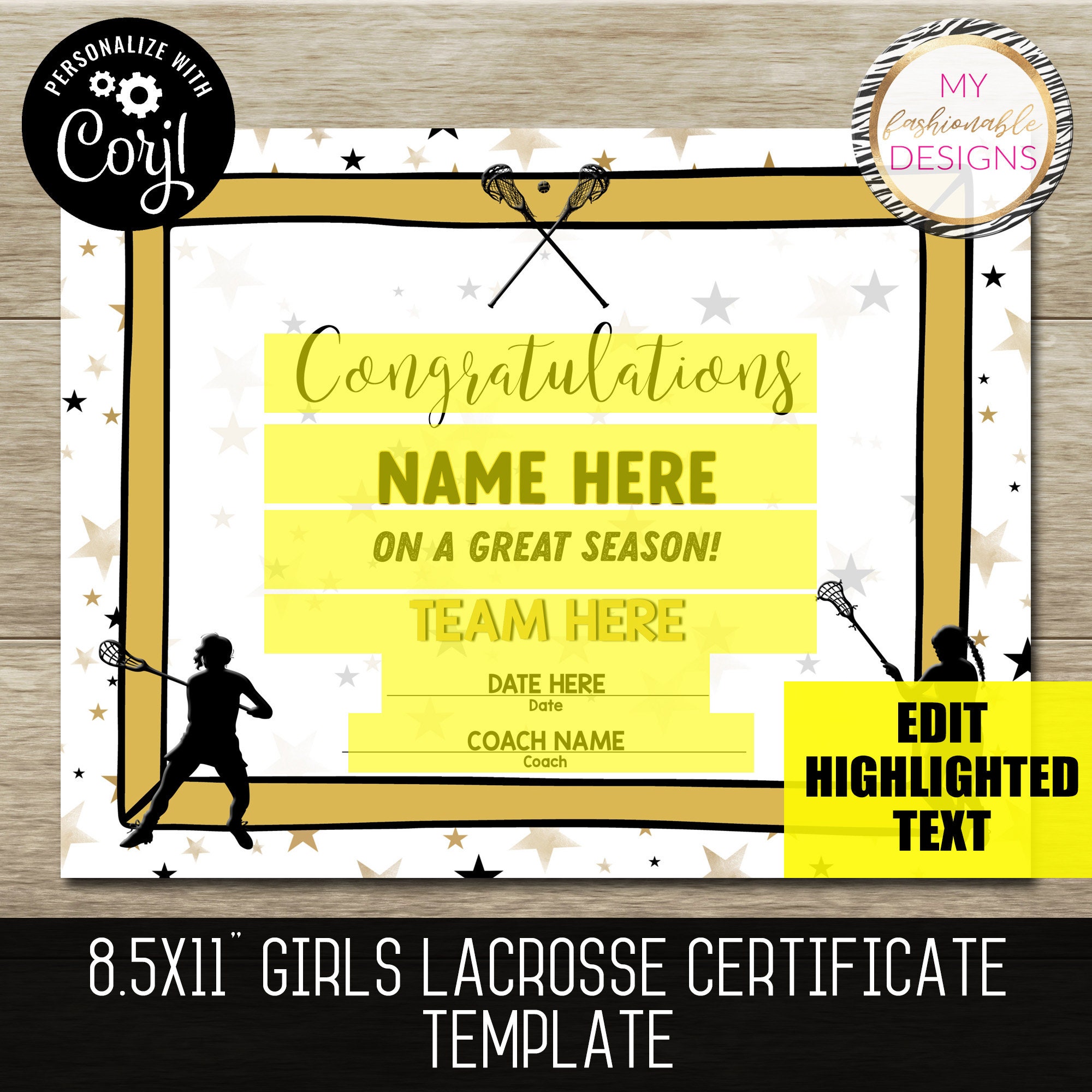 Female Lacrosse Certificate Template Set 8.5x11 7 Colors Save as PDF or ...
