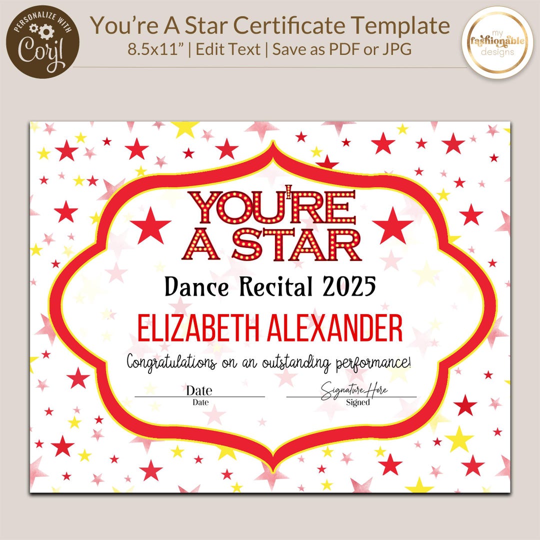You're a Star Certificate Template - Red & Yellow - 8.5x11" - Save as ...