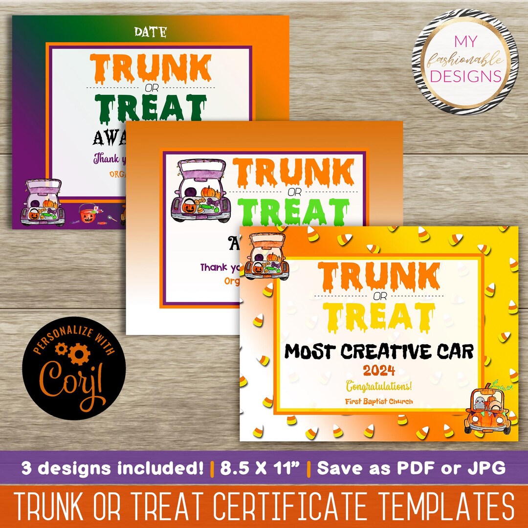 Trunk or Treat Certificate Template Set 3 Designs 8.5x11 Save as JPG or ...