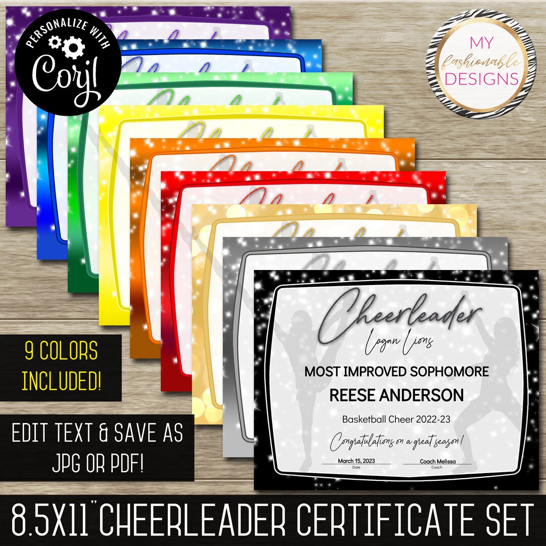 Cheerleader Certificate Template Set 8.5x11" - 9 Colors! - Save as JPG ...
