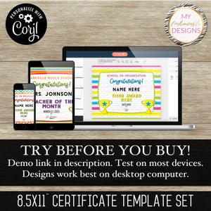 School Certificate Template Set - 5 Templates! 8.5x11" - Colorful ...