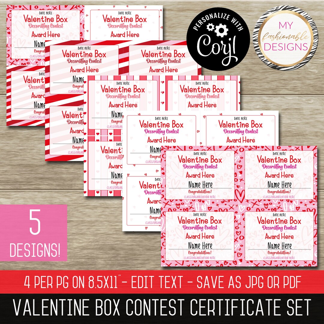 Valentine Box Contest Certificate Set 4 per Page - 5 Designs - Corjl ...