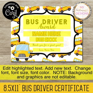 Bus Driver Certificate 8.5x11" - Save as JPG or PDF - Corjl Self-edit ...
