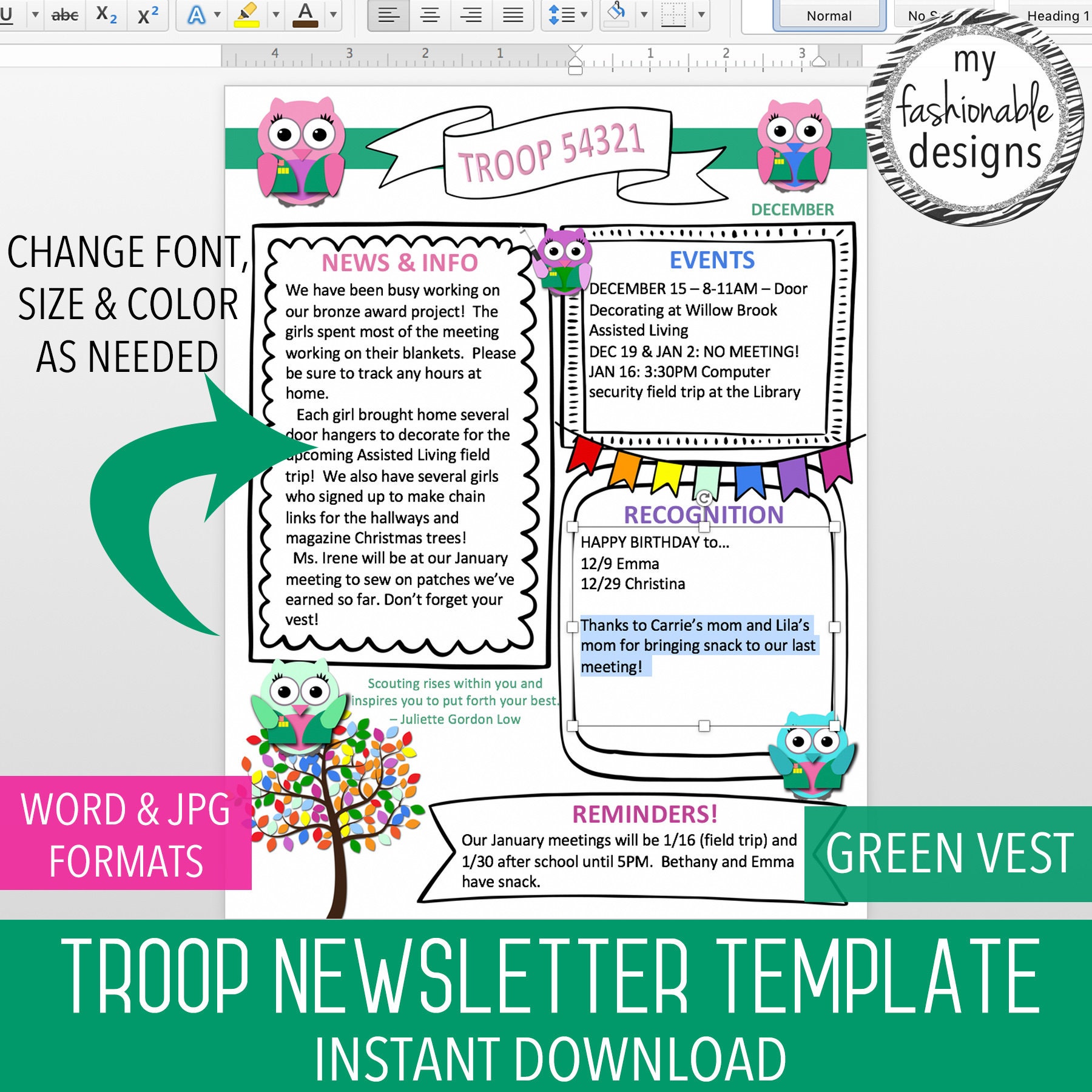Troop Newsletter Template, GREEN Vest Owl, Word and JPG, 8.5x11 Instant ...