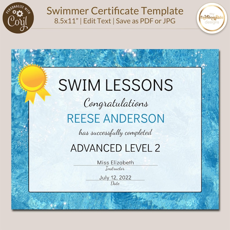 Swimmer Certificate Template - Swim Lessons Award - 8.5x11" Save as PDF ...