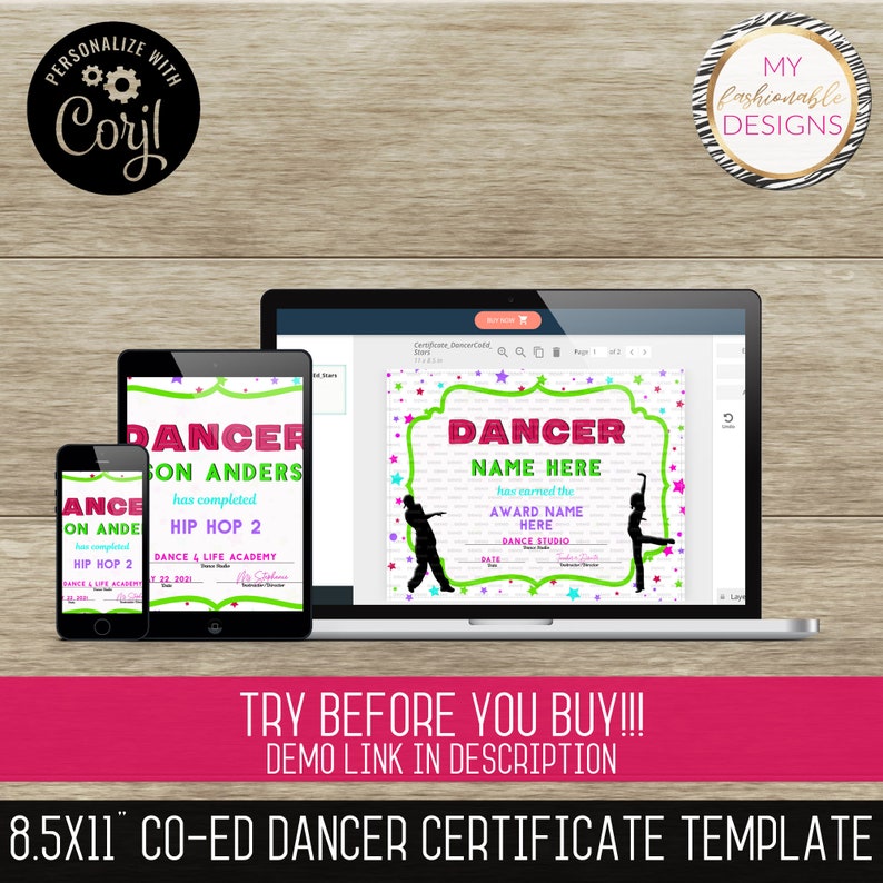 Editable Co-ed Dancer Certificate 8.5x11 Printable - Etsy