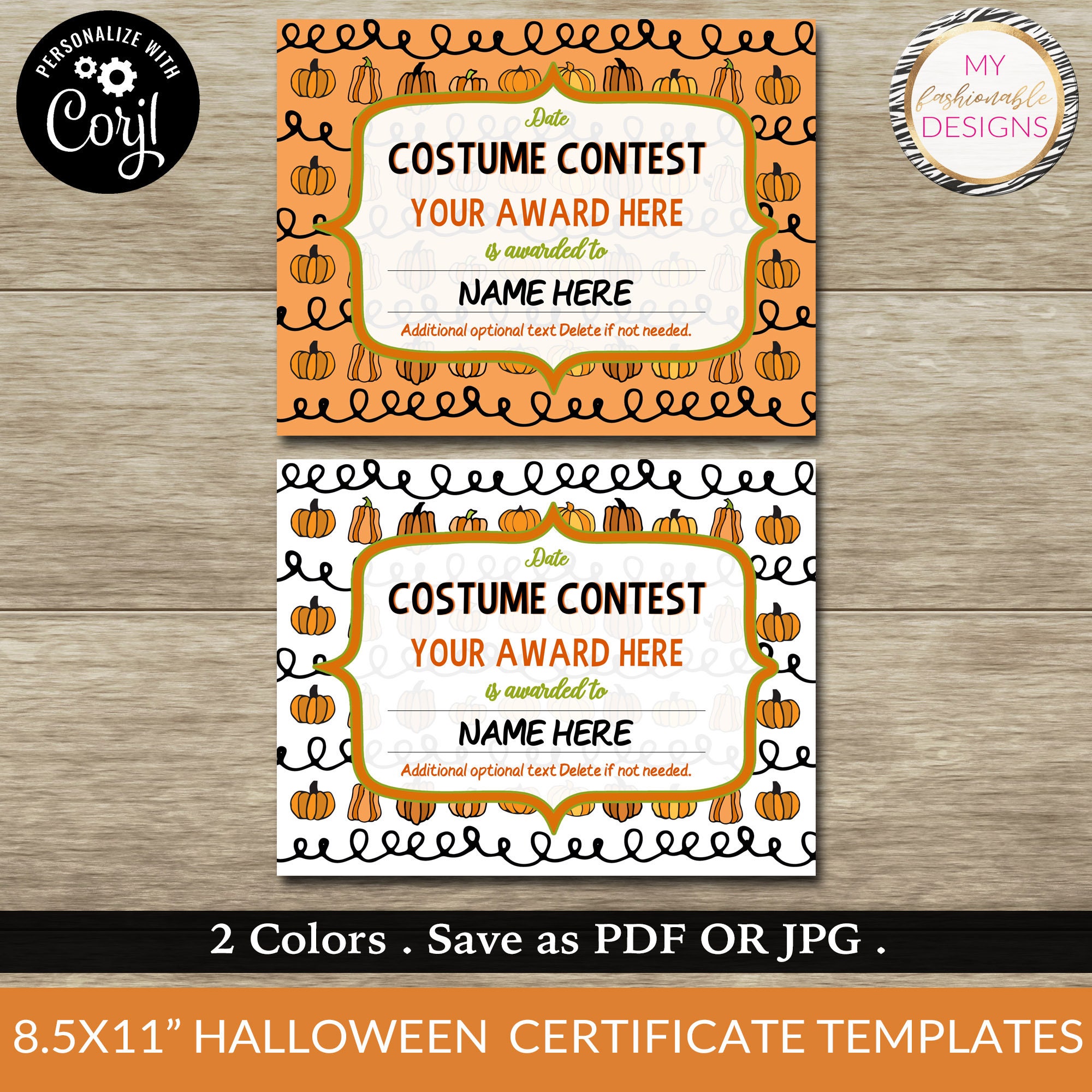 Halloween Certificate Template Set - 2 Colors - 8.5x11" - Save as JPG ...