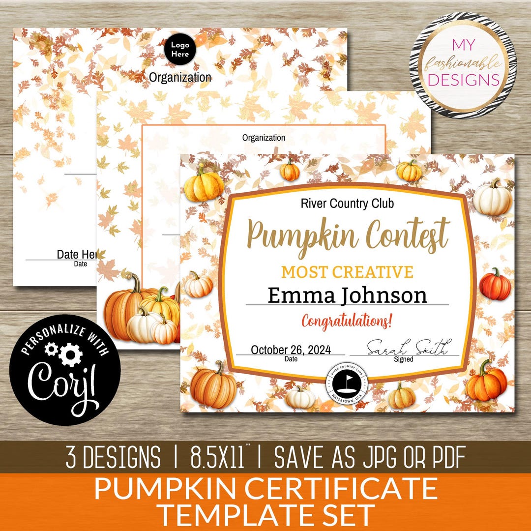 Pumpkin Certificate Template Set 3 Designs 8.5x11 Save as JPG or PDF ...
