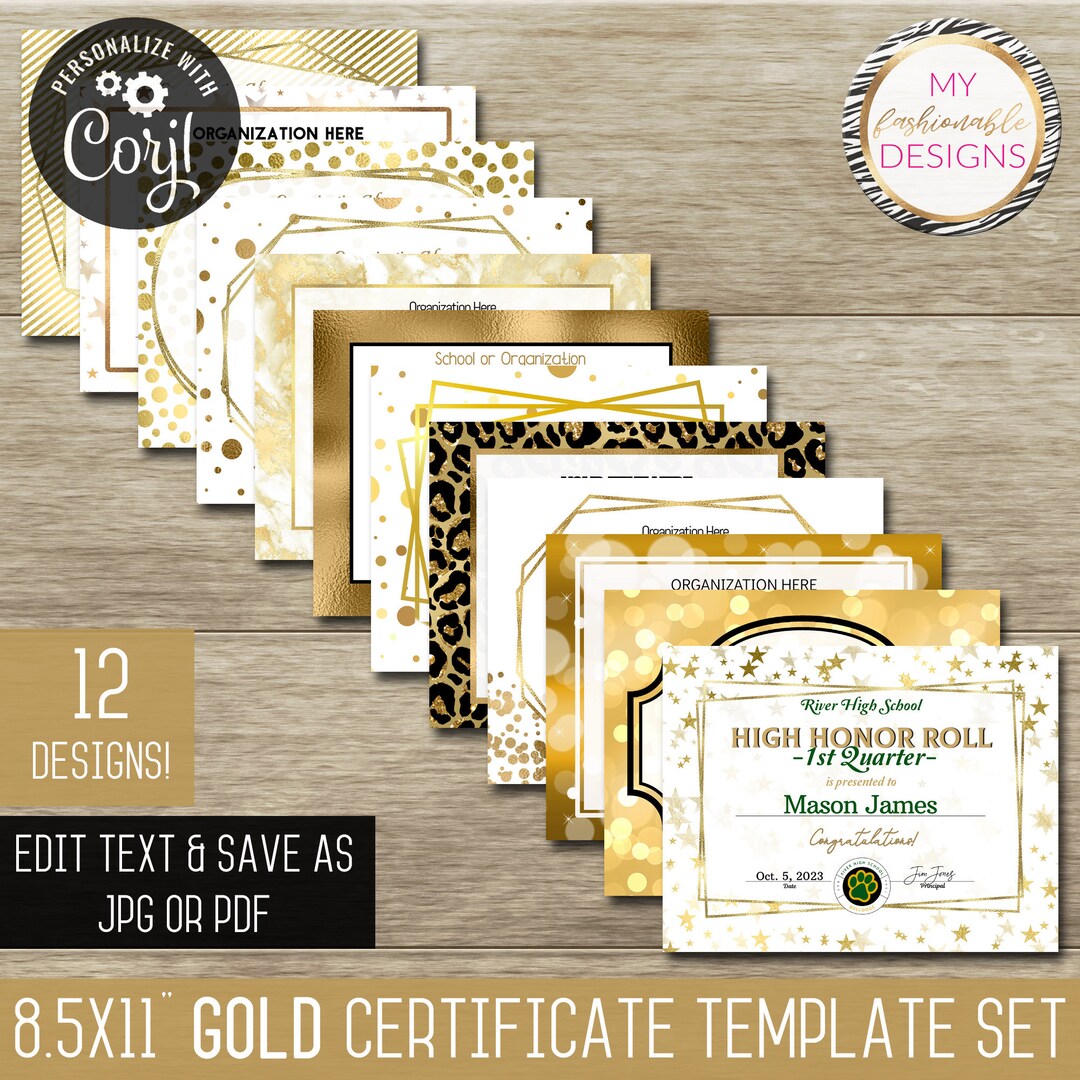Gold Certificate Template Set - 12 Design Templates! 8.5x11" - Save as ...