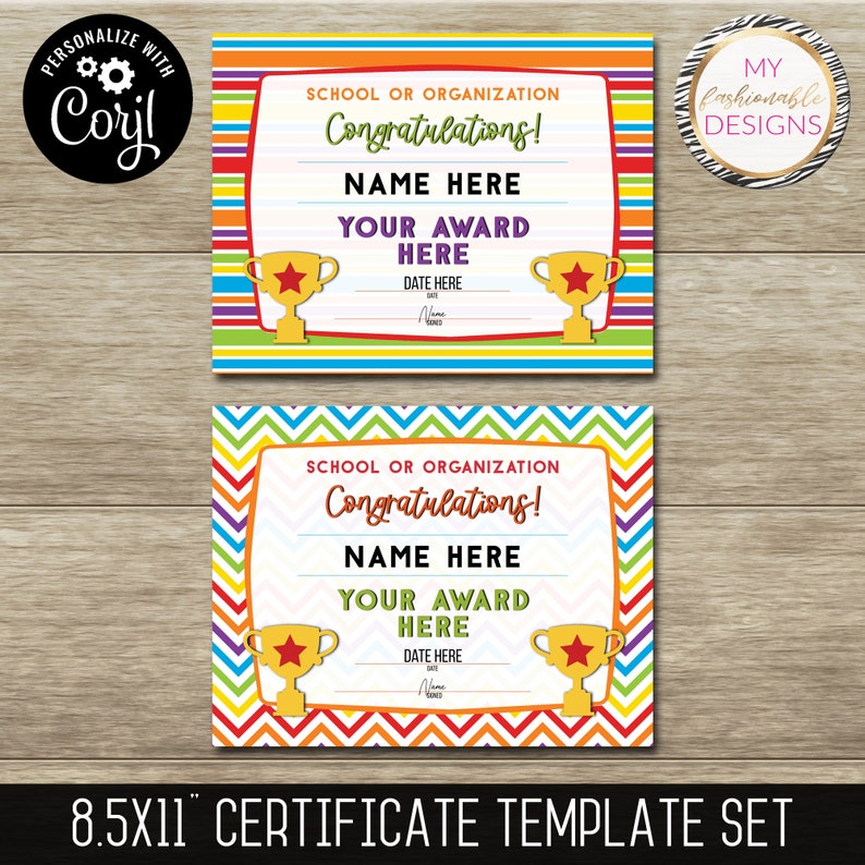 School Certificate Template Set 5 Templates 8.5x11 Colorful ...
