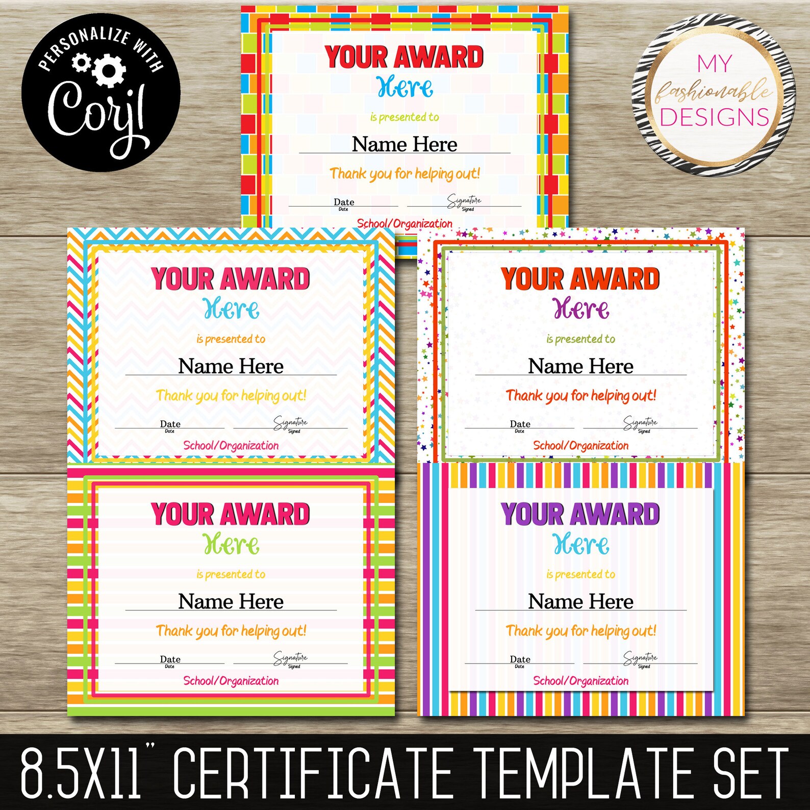 Colorful Certificate Template Set - 5 Design Templates! 8.5x11" - Save ...