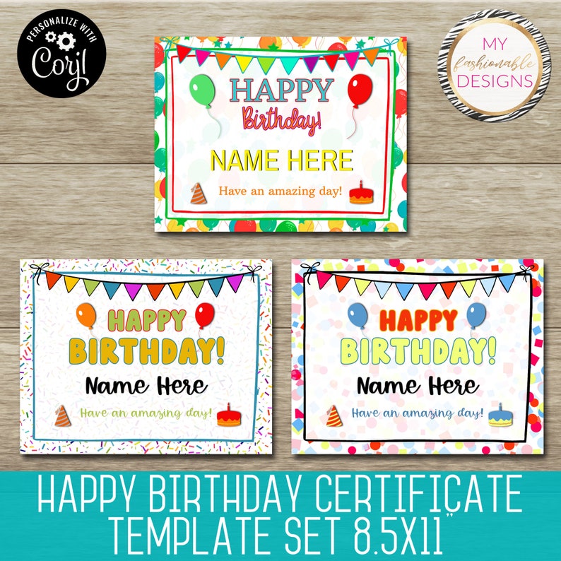 Happy Birthday Certificate Template Set 8.5x11" - 6 Designs! - Save as ...