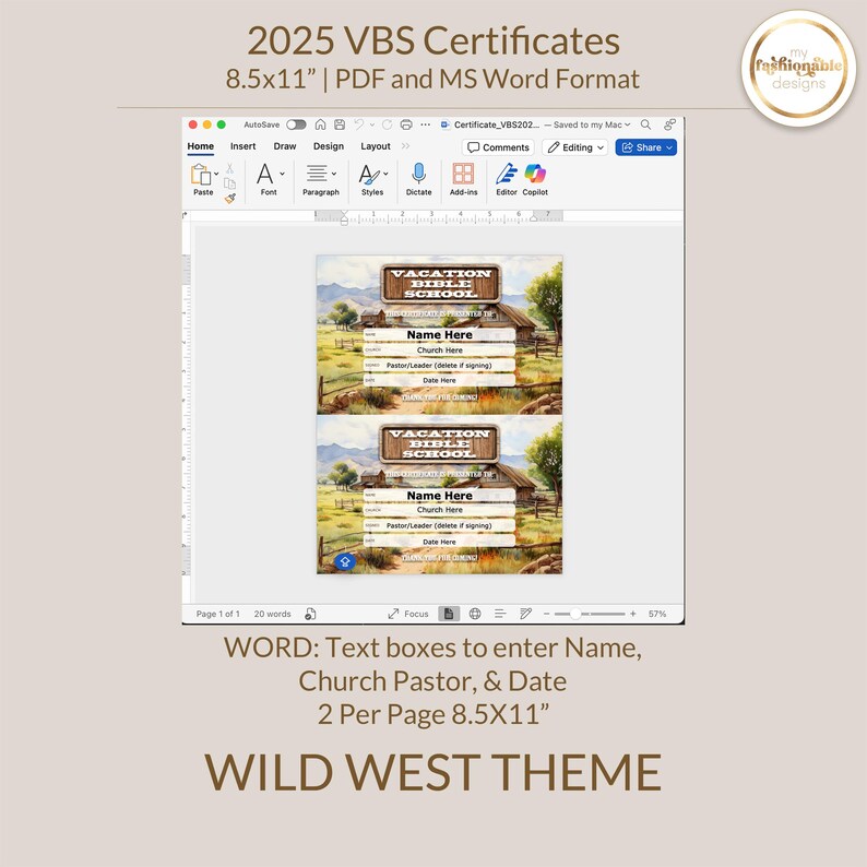 2025 VBS Certificate, Wild West Yee Haw Theme, Vacation Bible School ...