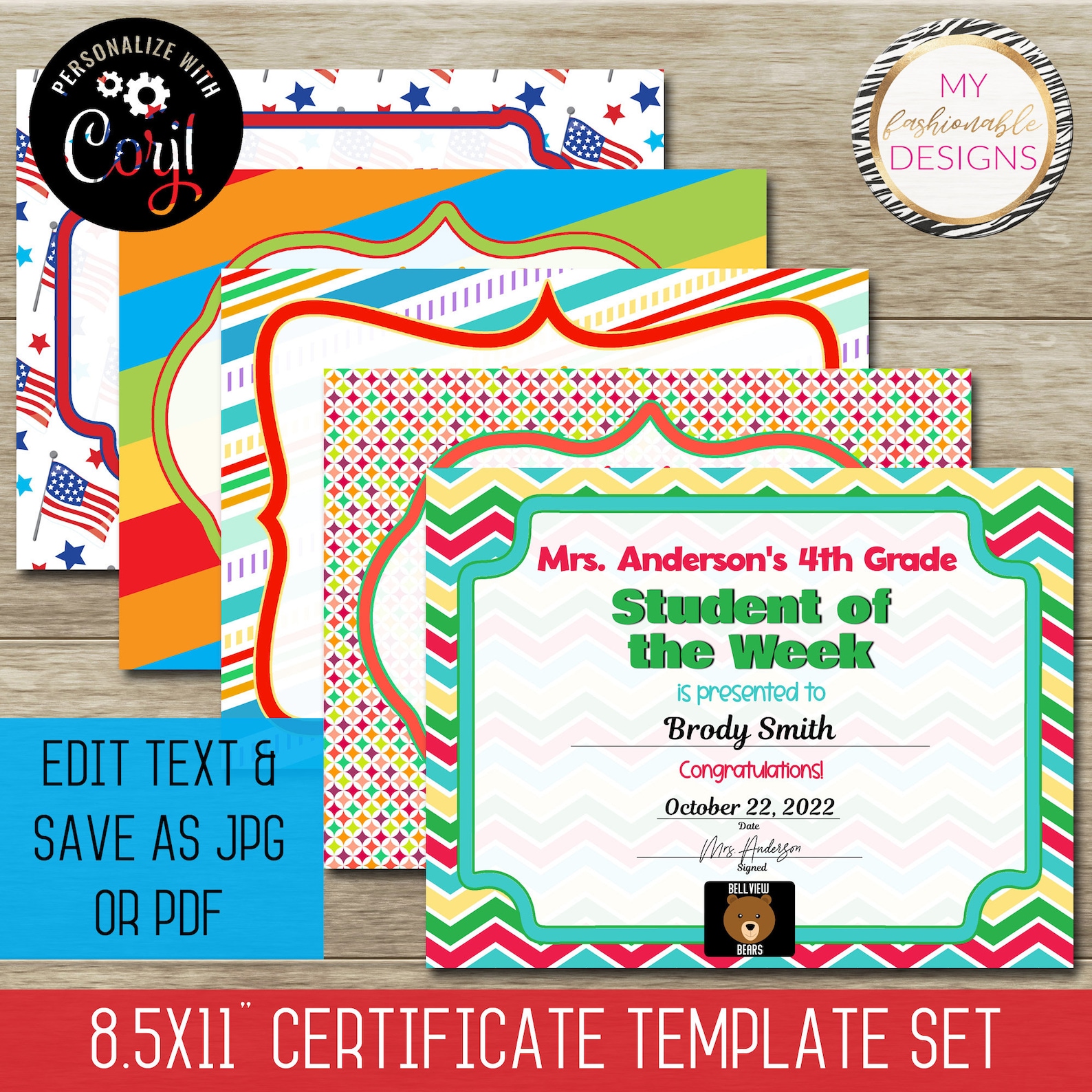 Certificate Template Set 5 Design Templates 8.5x11 Save as JPG or PDF ...