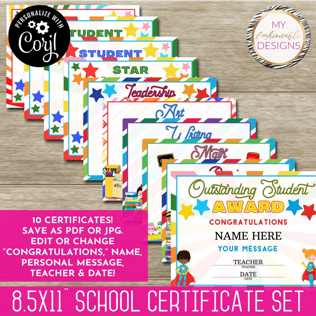 School Certificate Template Set 10 Designs 8.5x11 Save as JPG or PDF ...