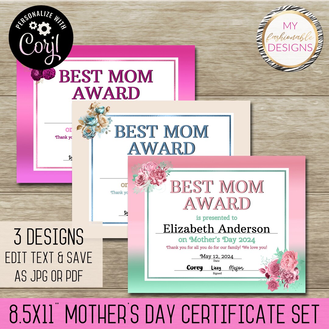 Mother's Day Certificate Template Set Best Mom Award 3 Design Templates ...