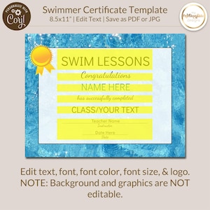 Swimmer Certificate Template - Swim Lessons Award - 8.5x11" Save as PDF ...