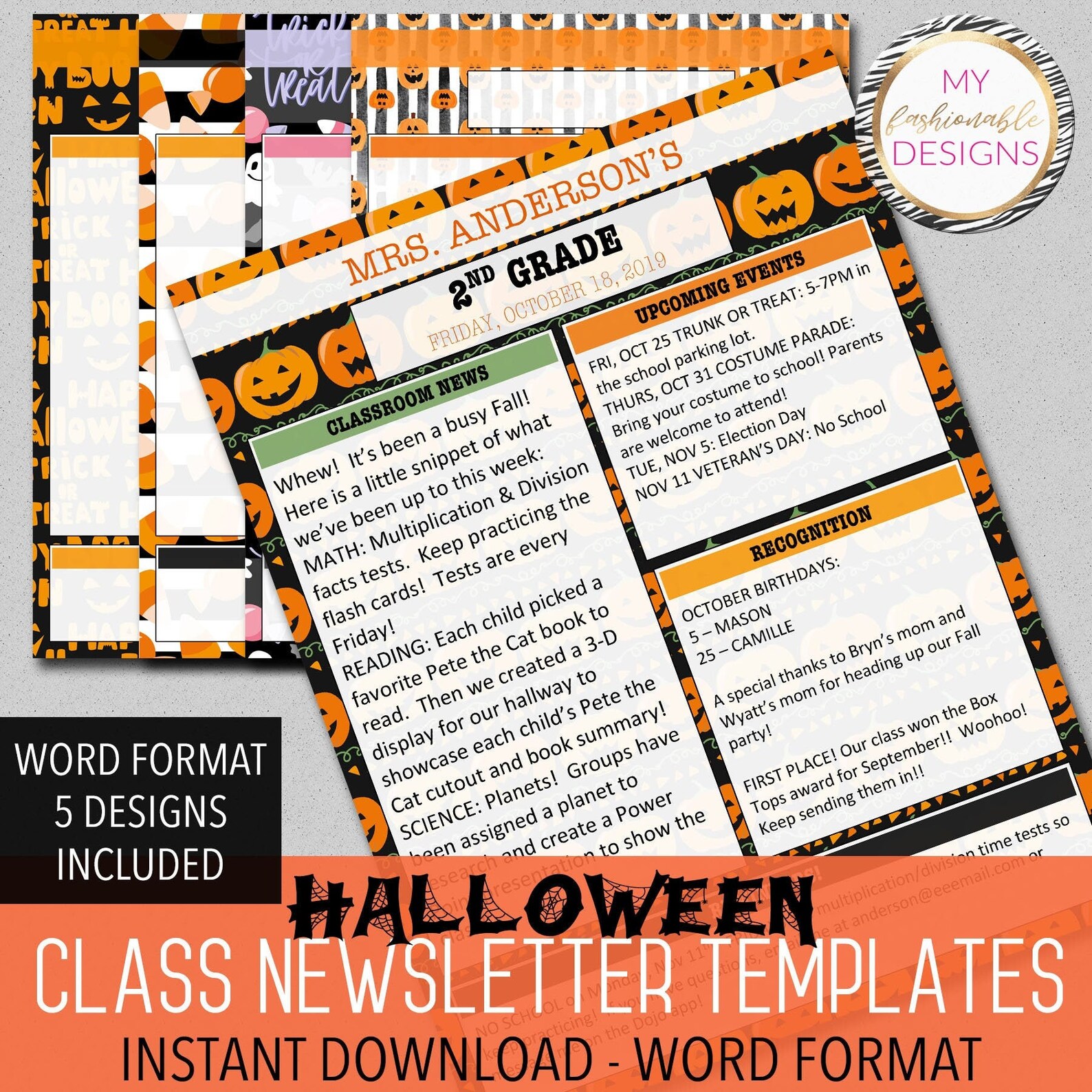 Halloween Newsletter Templates, 5 Designs Included, Teacher Newsletter ...