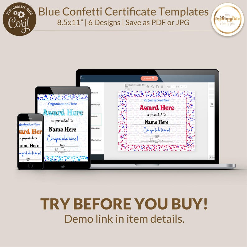 Blue Confetti Certificate Template Set - 6 Design Templates! 8.5x11 ...